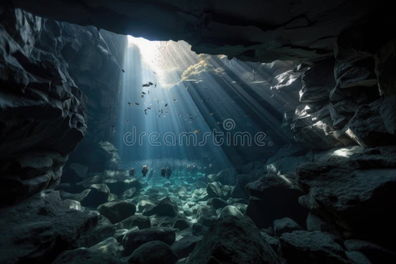 Underwater Cave, with Shining Schools of Fish Swimming among the ...