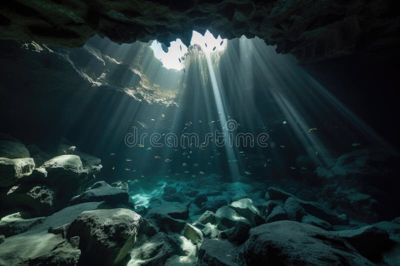 Underwater Cave, with Shining Schools of Fish Swimming among the ...