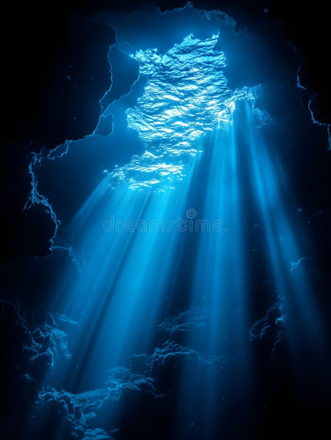 Underwater Cave Sunlight Beams Ocean Depth Blue Light Dark Cave Water ...