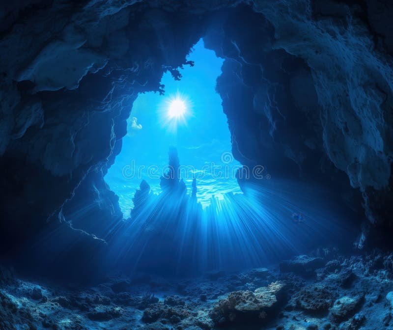 Underwater Cave with Sunlight Rays Illuminating Coral Reef and Rock ...