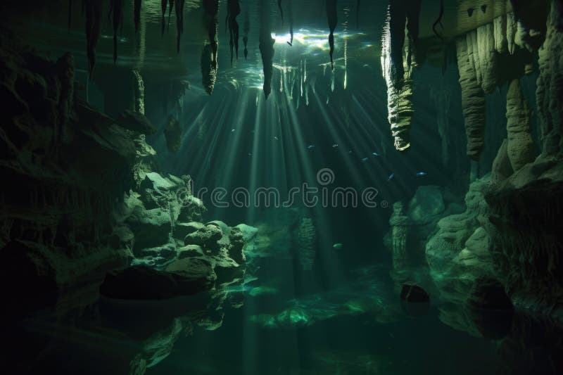 Underwater Cave System, with Lights Showing the Way and Illuminating ...