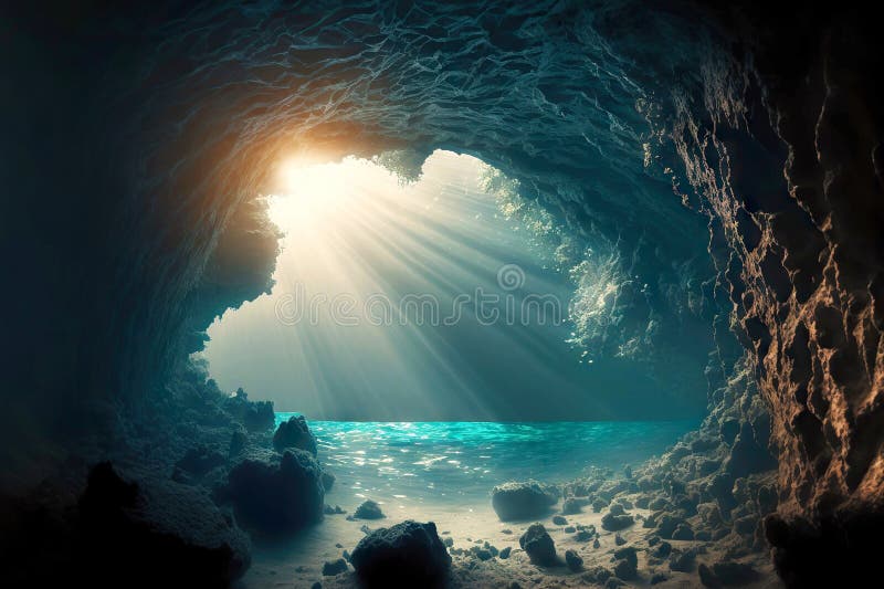 Underwater Cave with Treasures in Sun Rays Stock Illustration ...