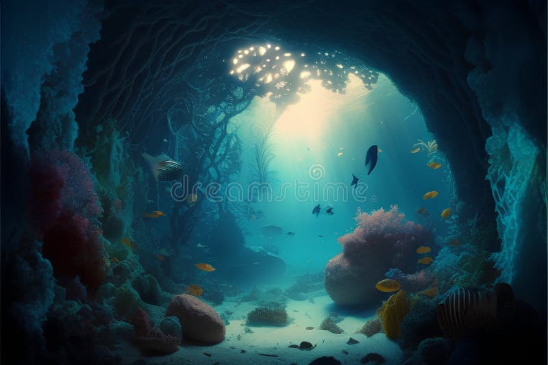 Underwater Cave with Tropical Fish and Coral Reef 3d Render Stock ...