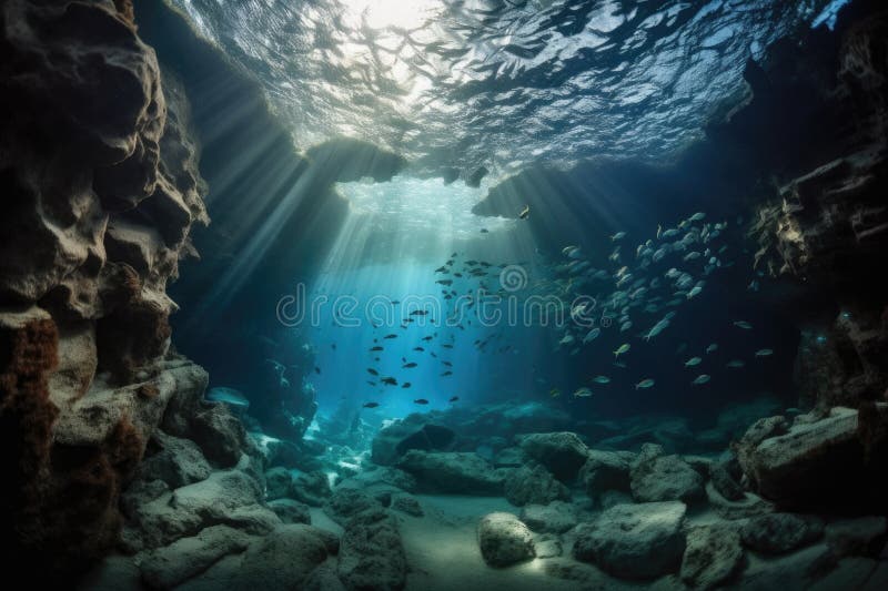 Underwater Cave with View of the Open Ocean, with Schools of Fish ...
