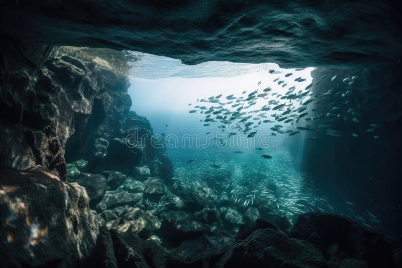 Underwater Cave with View of the Open Ocean, with Schools of Fish ...
