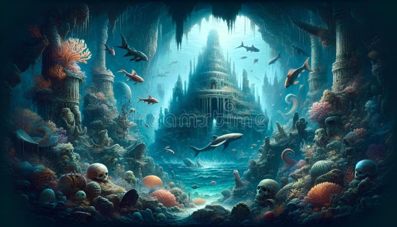 Underwater Cavern Teeming with Multitude of Fish Stock Illustration ...