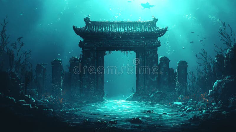 Underwater City Ruins Featuring an Ancient Stone Gate and Sunken ...