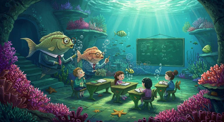 An Underwater Classroom Setting Features Anthropomorphic Fish in Suits ...