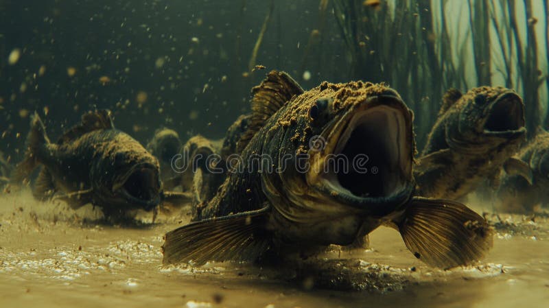 Underwater Close-up of Aggressive Fish Group in Murky River Stock Photo ...