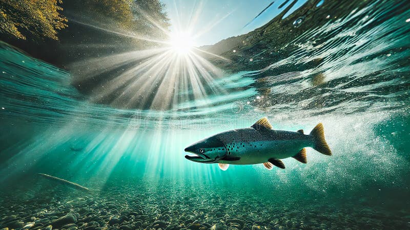 Underwater Close-up of a Salmon Swimming Against the Current in a Clear ...