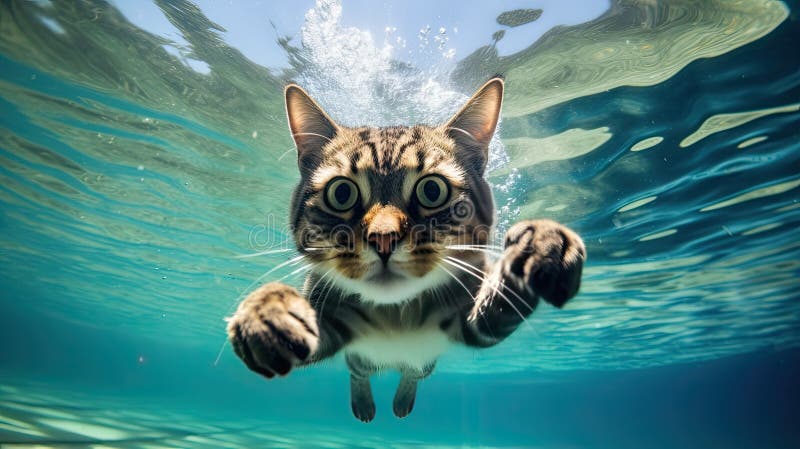 Underwater Close Up of Swimming Funny Cat at Summer Stock Image - Image ...