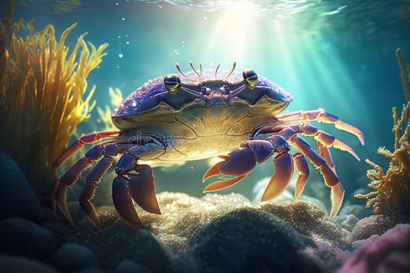 Underwater Closeup Picture of the Crab and Sunlight in the Ocean Reef ...