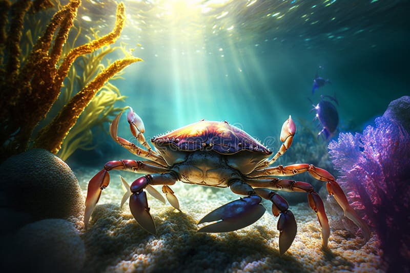 Underwater Closeup Picture of the Crab and Sunlight in the Ocean Reef ...
