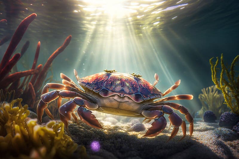Underwater Closeup Picture of the Crab and Sunlight in the Ocean Reef ...