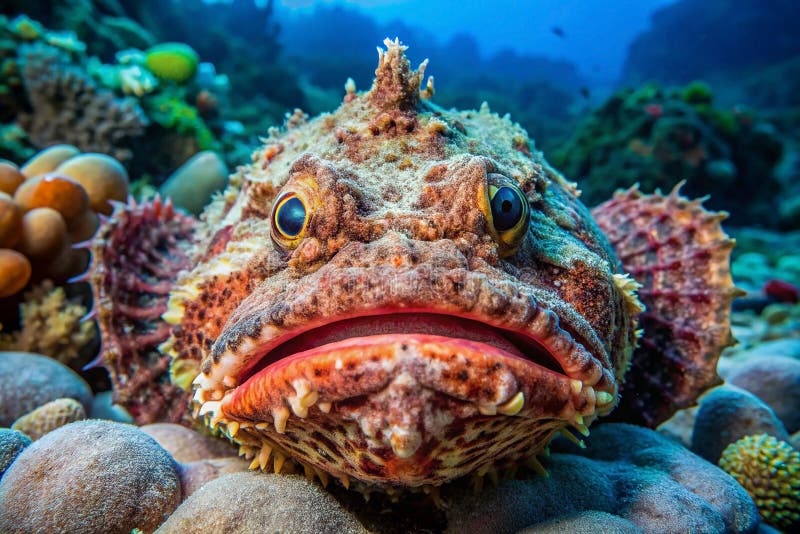 Underwater Closeup of Scorpionfish on Coral Reef Stock Illustration ...