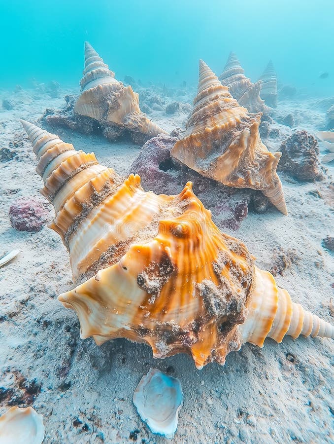 Underwater Conch Shells on Sandy Ocean Floor Stock Image - Image of ...