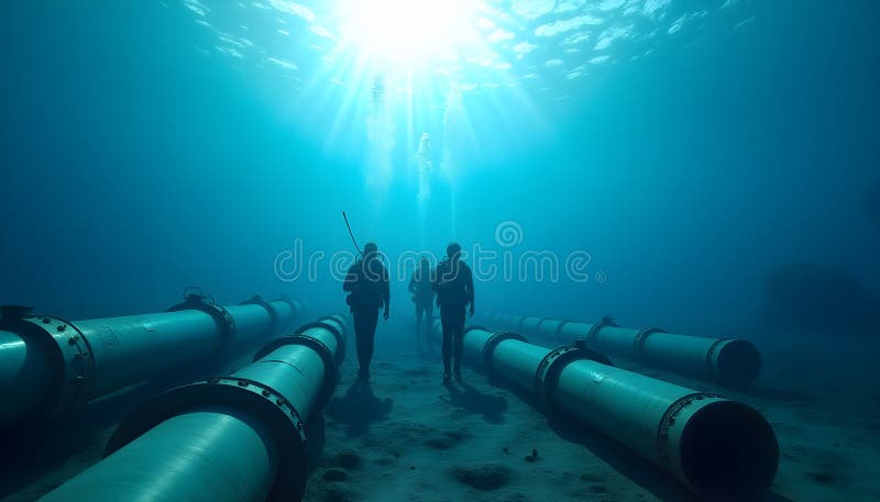 Underwater Construction with Divers Inspecting Subsea Pipeline Stock ...
