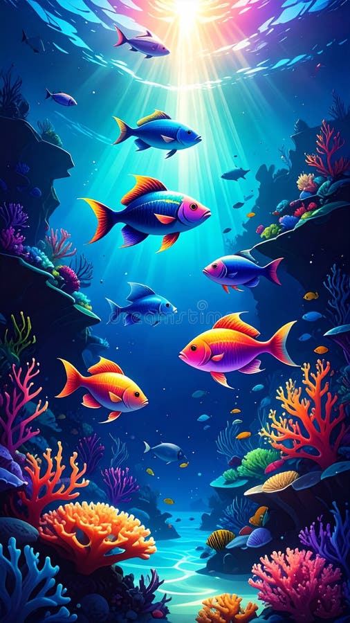 Underwater Coral Reef Scene with Pixel Art Style Fish and Sunlight ...