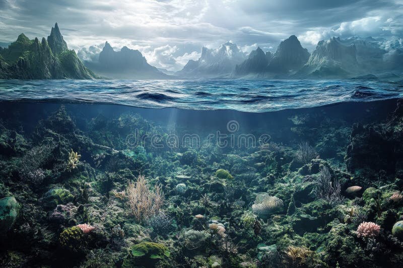 Underwater Coral Reef Teeming with Life Beneath a Dramatic Mountain ...