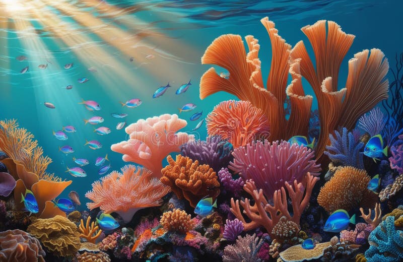 Underwater Coral Reefs with Lighting Effects Stock Illustration ...