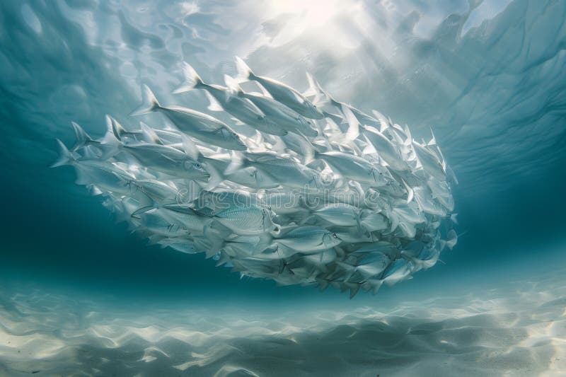 Sweeping School of Silver Fish Undersea. Generative AI Stock ...