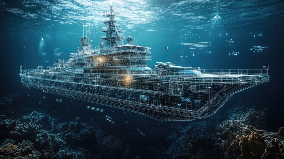Underwater Digital Blueprint of a Modern Aircraft Carrier with ...