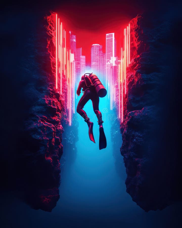 Underwater Diver Emerging from Deep-Sea Cavern into Neon Metropolis ...