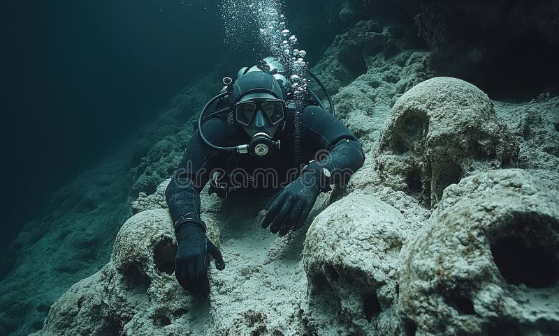 Underwater Diver Explores Complex Cave Formations while Searching for ...