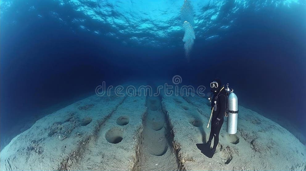 Underwater Diver Exploring Ancient Submerged Stone Structures Stock ...