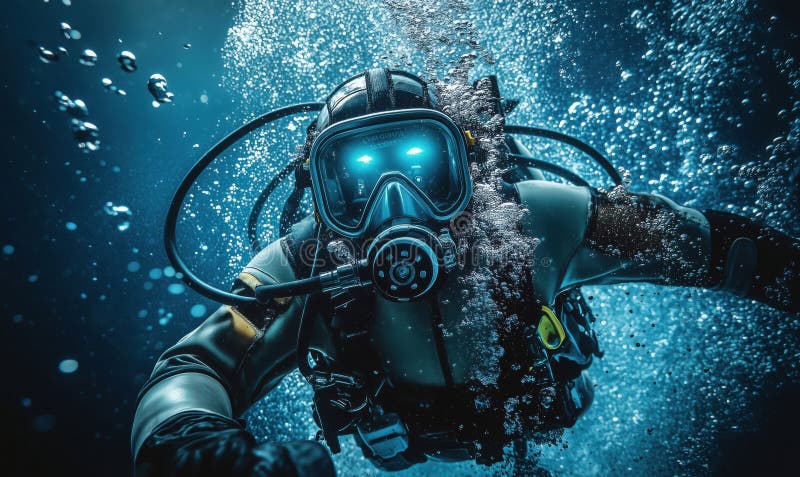 Underwater Diver Exploring Deep Ocean with Advanced Scuba Gear and ...