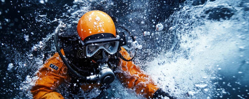 Underwater Diver in Orange Suit Exploring Deep Ocean, Bubbles and ...