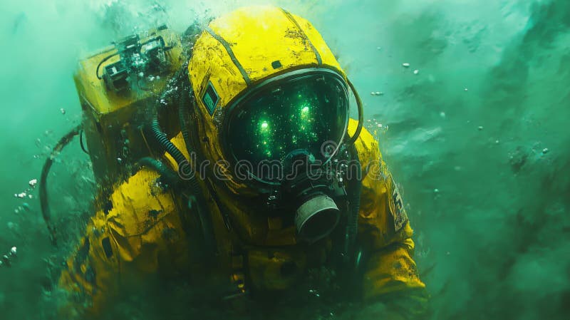 Underwater Diver in Yellow Suit, Green Water Stock Illustration ...