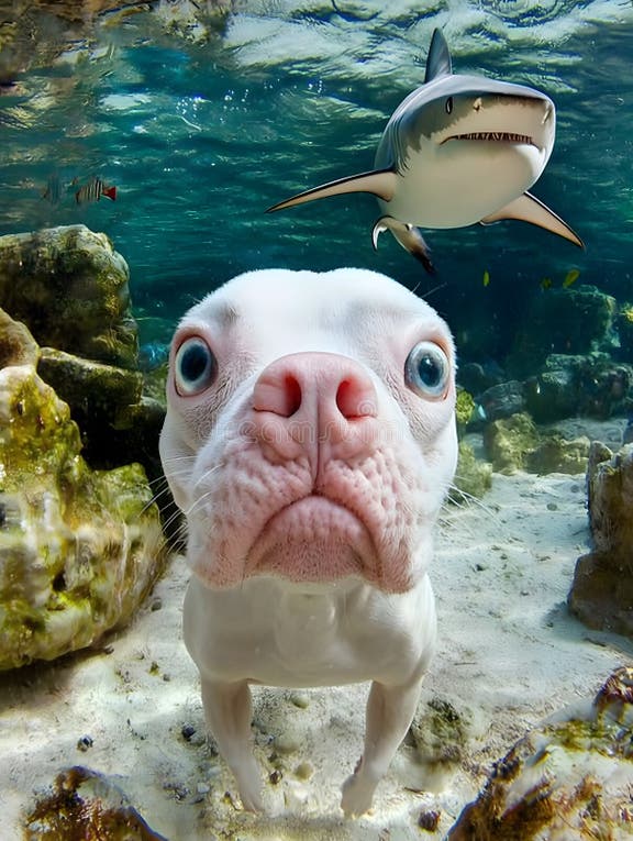 Underwater dog and shark stock illustration. Illustration of surreal ...
