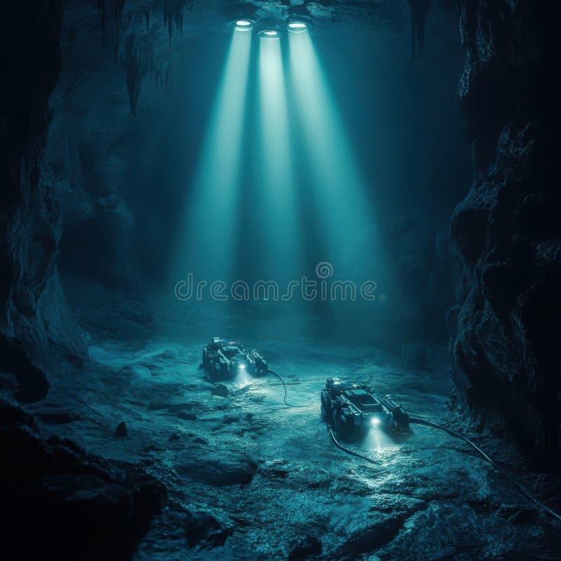 Underwater Exploration in a Dark Cave with Artificial Lighting Stock ...