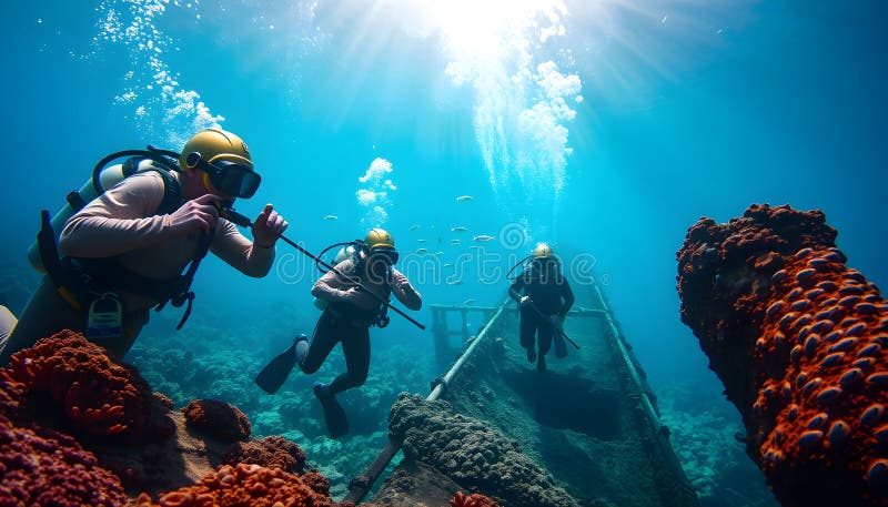 Underwater Exploration: Divers Investigating Sunken Structure Stock ...