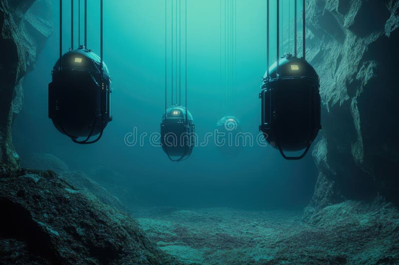 Underwater Exploration Equipment Suspended in a Deep Ocean Environment ...