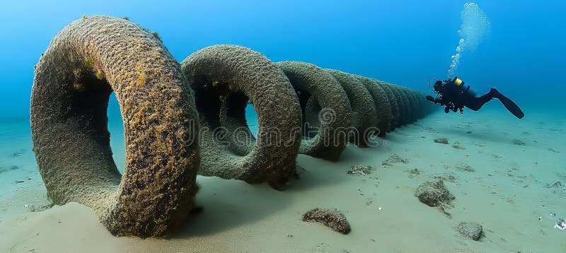 Underwater Exploration Scuba Diver Examines a Line of Submerged ...