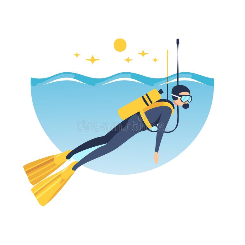 Underwater Exploration with Scuba Gear, Showing Diver, Sun, and Ocean Waves Stock Vector ...