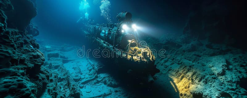 Underwater Exploration of a Sunken Shipwreck Illuminated by Submarine ...