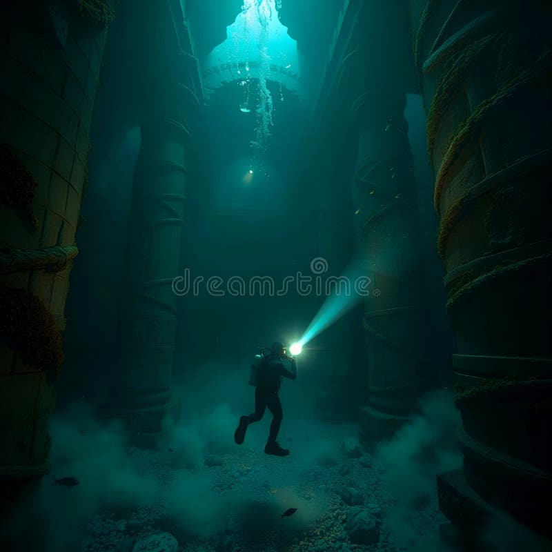 Underwater Explorer in Mysterious Sunken Ruins Stock Illustration ...