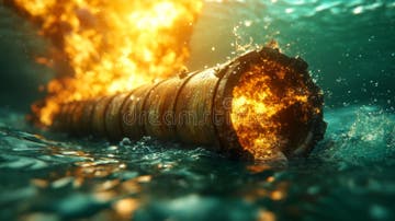 Underwater Explosion with Fire from a Broken Pipeline Stock ...