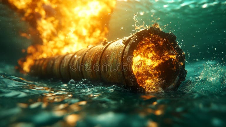 Underwater Explosion with Fire from a Broken Pipeline Stock ...
