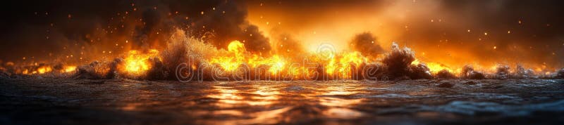 Underwater Explosion with Flames and Smoke Rising from the Ocean Waves ...
