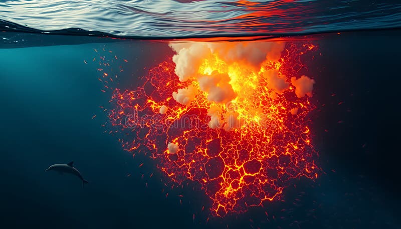 Underwater Explosion Scene with Fire and Bubbles with a Dolphin in the ...