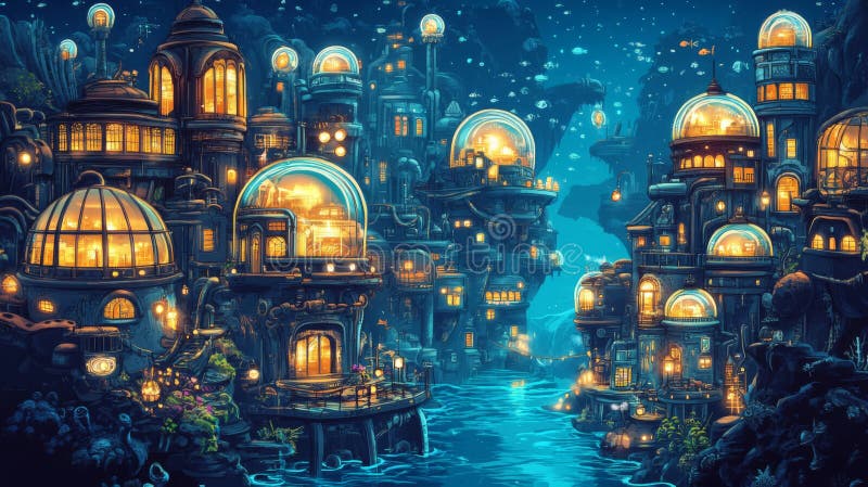 Underwater Fantasy City at Night Pixel Art Stock Illustration ...