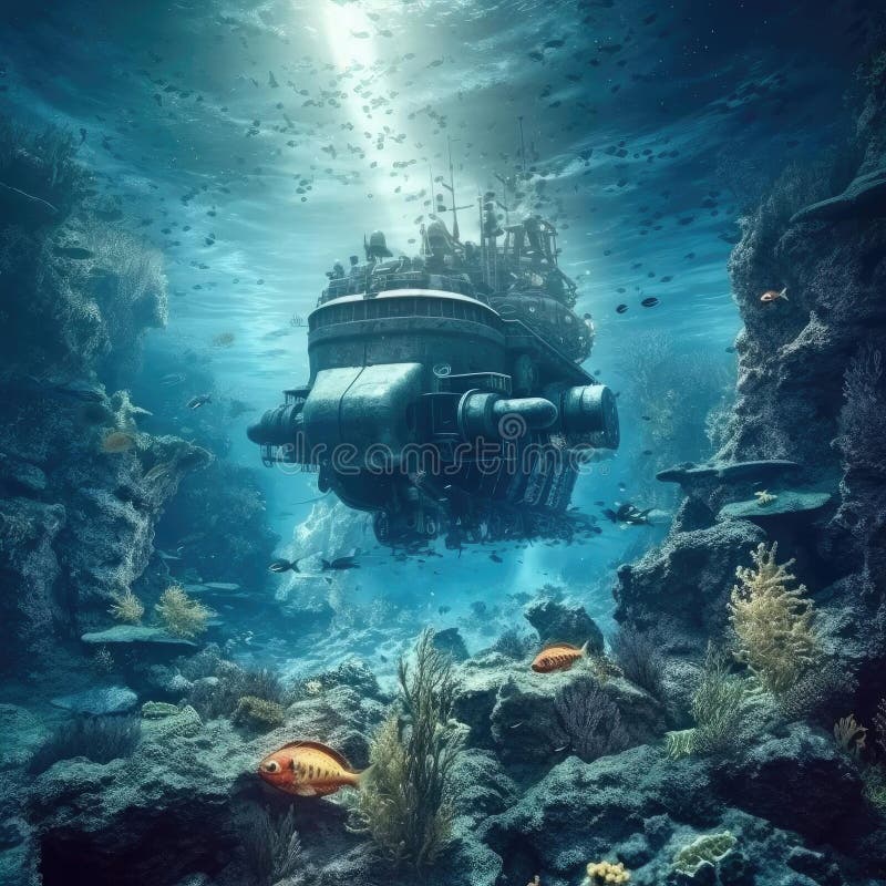 Underwater Fantasy Submarine in the Deep Blue Sea Stock Illustration ...