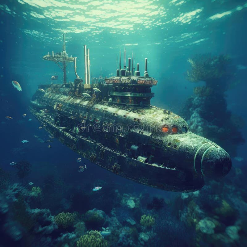 Underwater Fantasy Submarine in the Deep Blue Sea Stock Illustration ...