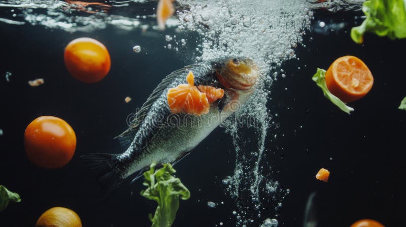 Underwater Fish Leaping through Fruit and Vegetables Stock Illustration ...
