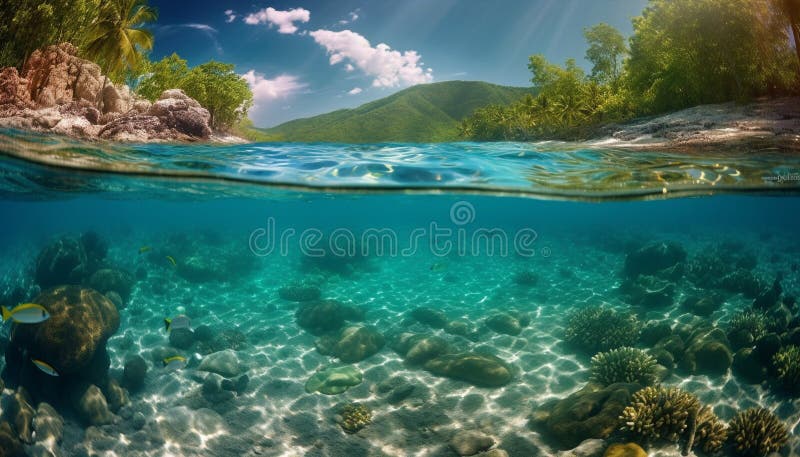 Underwater Fish Swim in Transparent Blue Water, Below Coral Reef ...