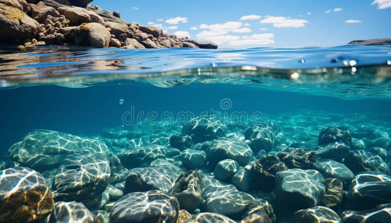 Underwater Fish Swim in Transparent Blue Water, Below Tropical Reef ...